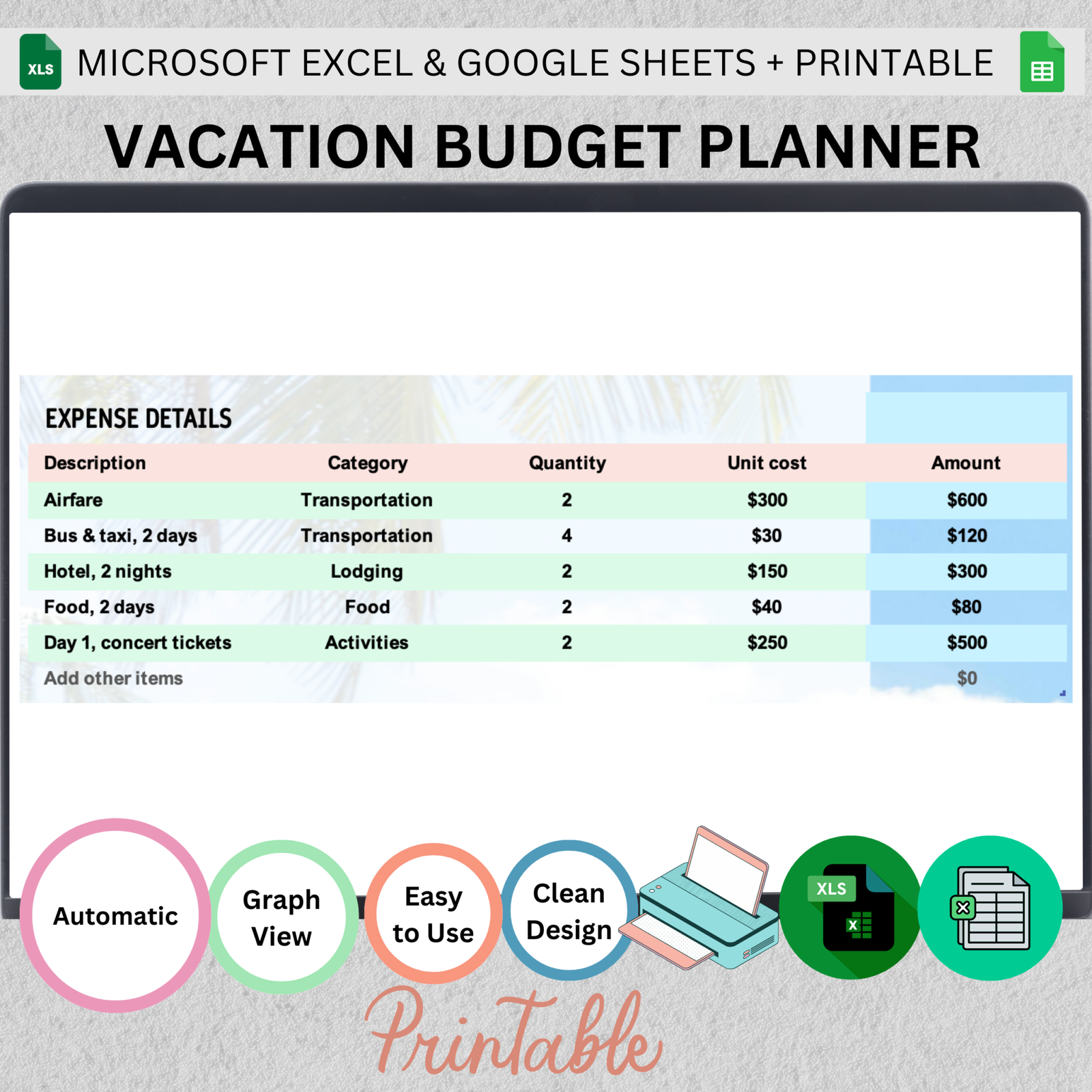 Vacation Travel Planner Excel Spreadsheet
